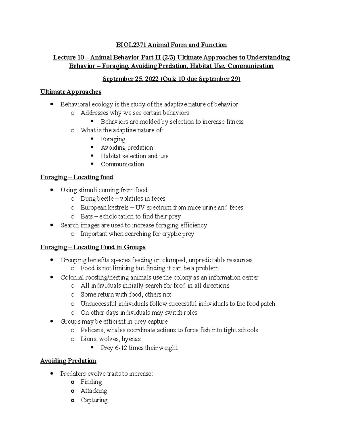 BIOL2371 Lecture 10 Quiz 10 Animal Behavior 2 of 3 - BIOL2371 Animal ...