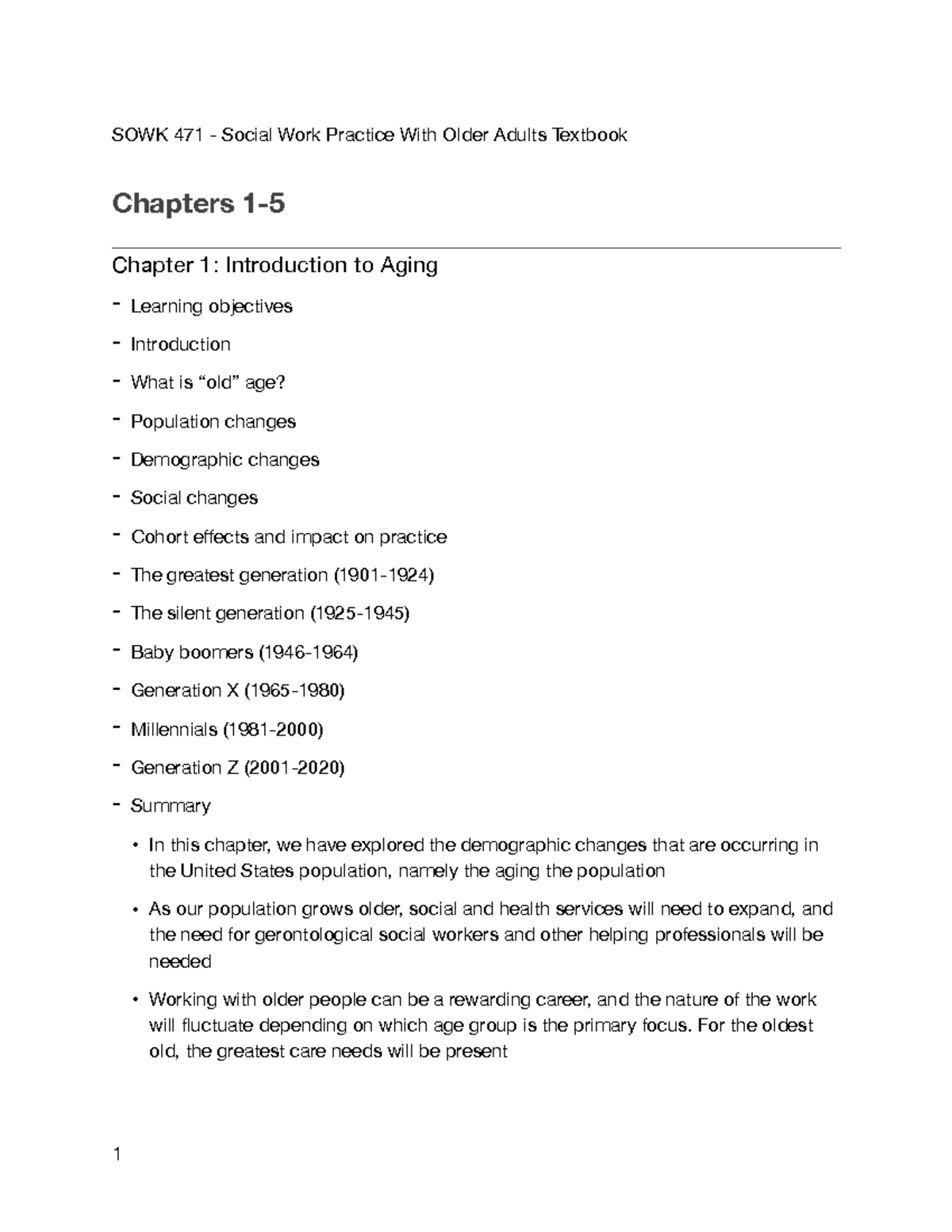 Chapters 1-5 SOWK 471 - SOWK 471 - Social Work Practice With Older ...