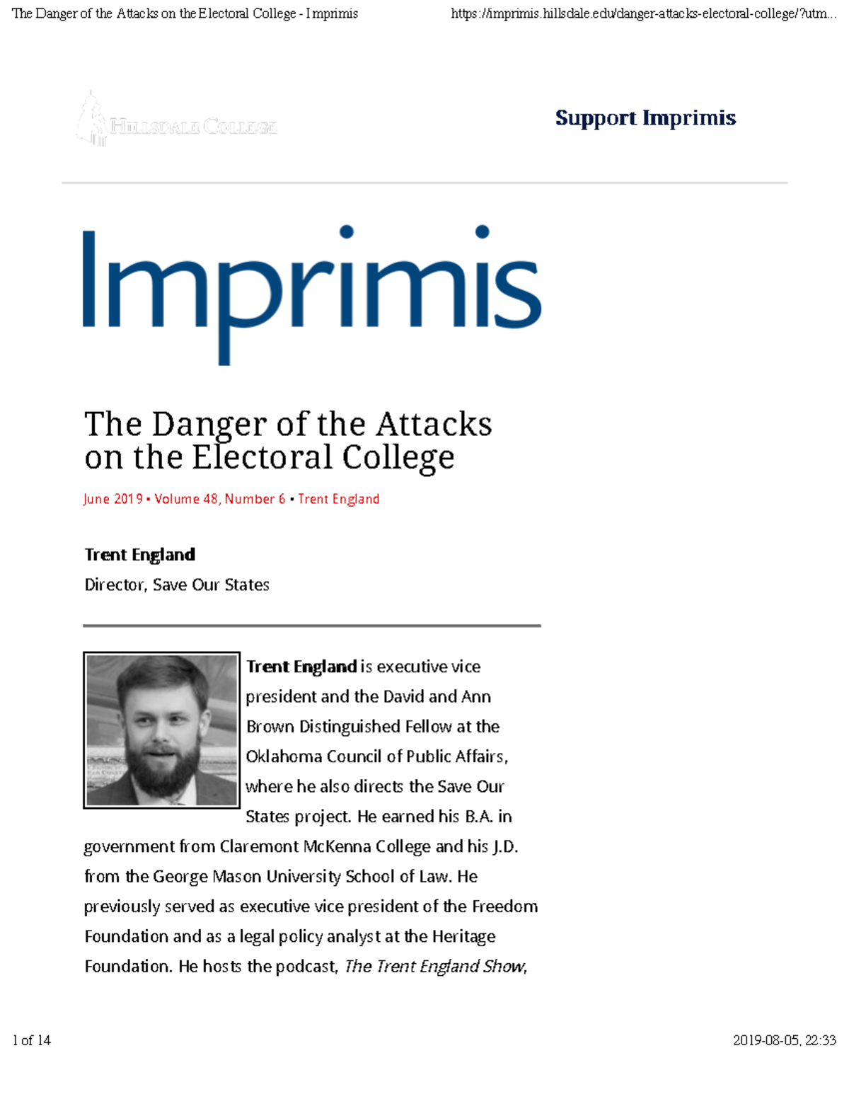 England, The Danger of the Attacks on the Electoral College - Imprimis ...