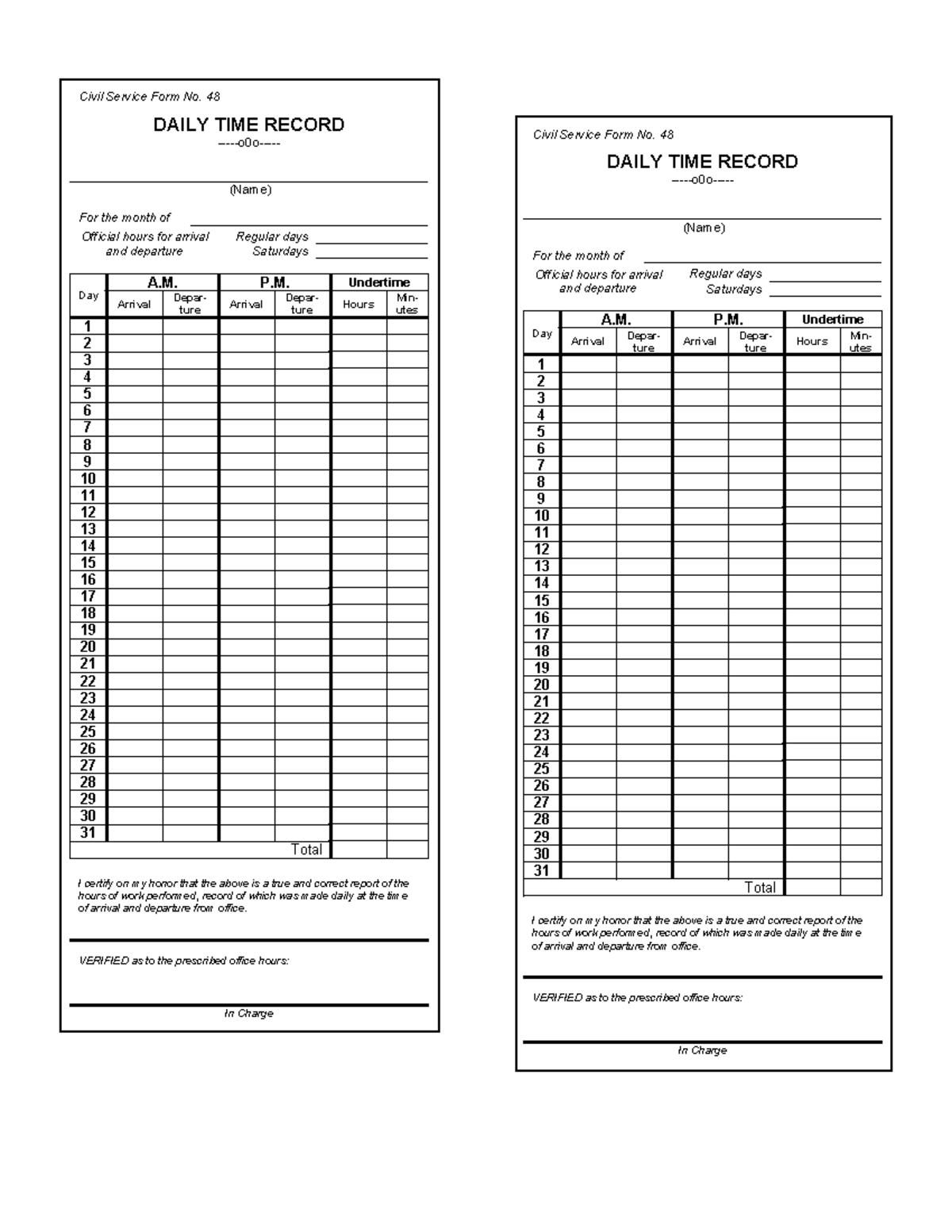 Appendix 24 - Daily Time Record (DTR) - Civil Service Form No. 48 DAILY ...