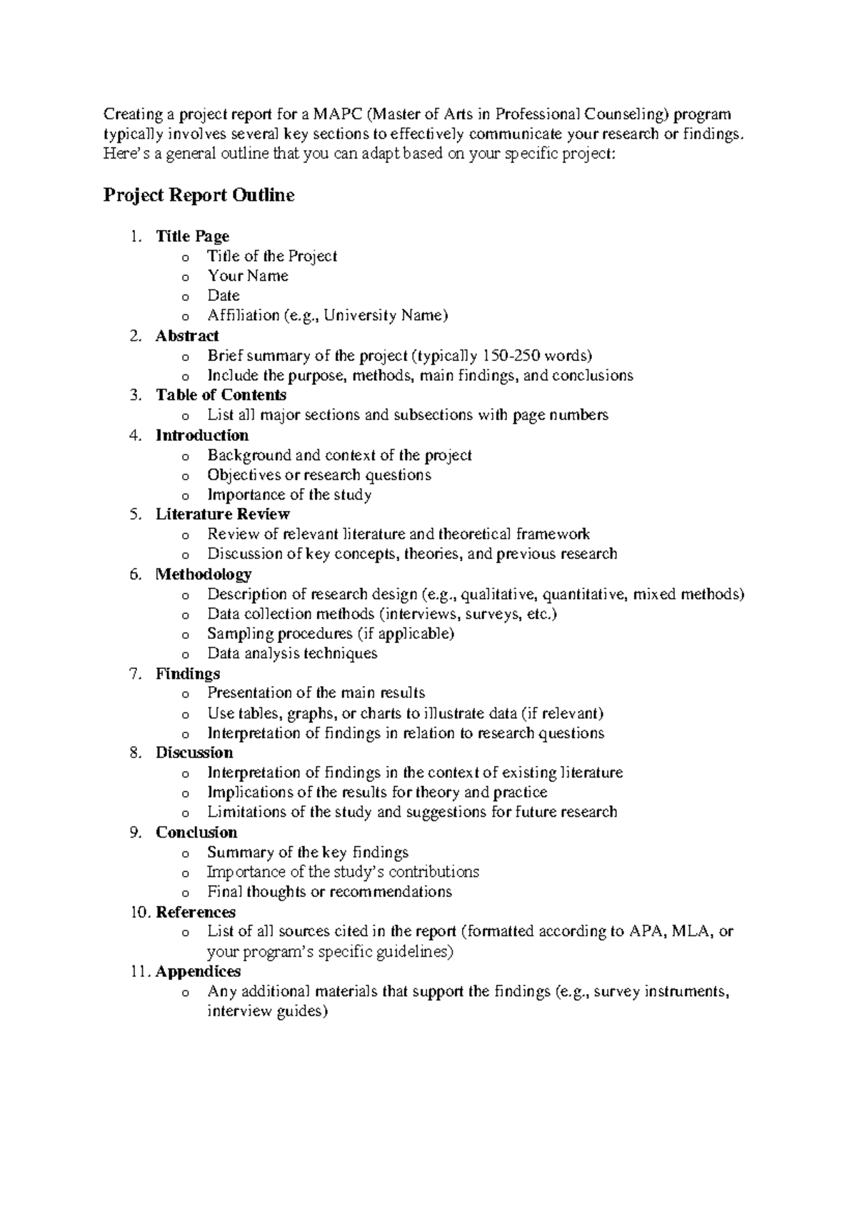 Creating a project report for a MAPC - Here’s a general outline that you can adapt based on your ...