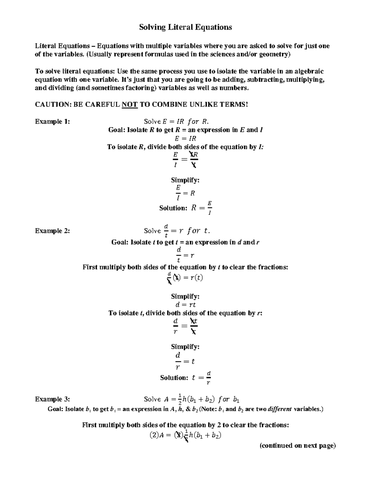 Practice Solving Literal Equations - Solving Literal Equations Literal ...