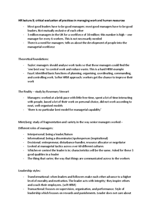 Human Resource Lecture 1 and chapter 1 textbook notes - Human Resource ...