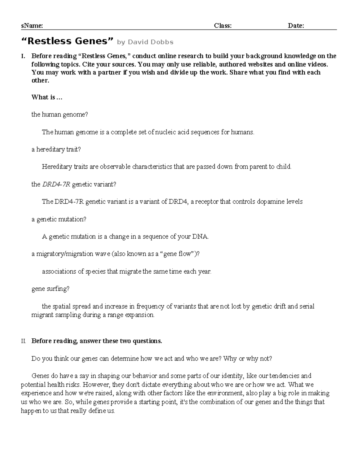 Restless Genes Before Reading Activites - sName: Class: Date: “Restless ...
