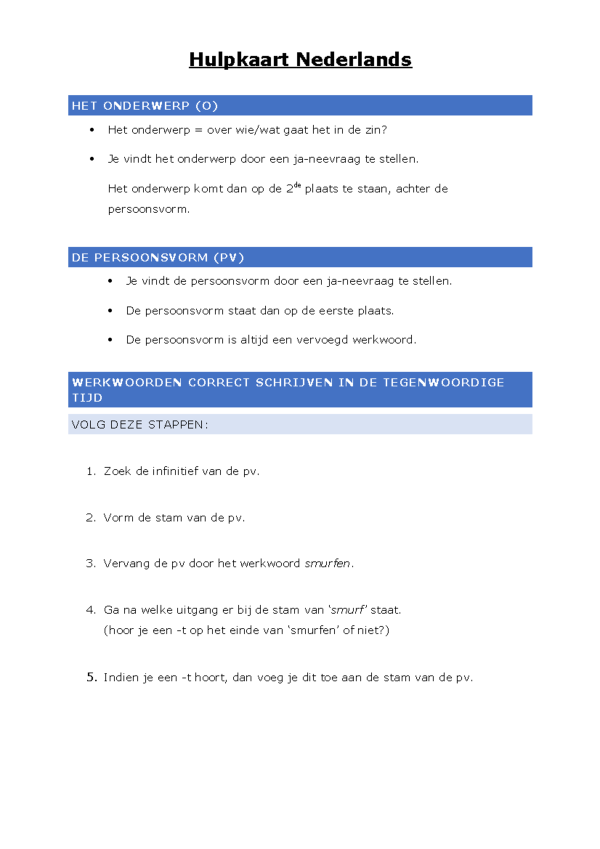 Hulpkaart werkwoordtijden - Hulpkaart Nederlands HET ONDERWERP (O) Het ...