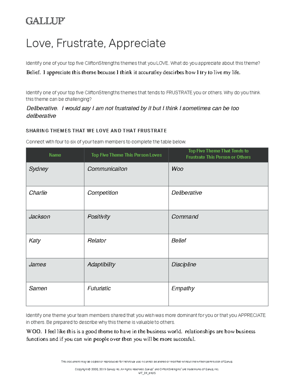 Completed Love Frustrate Appreciate Worksheet - Love, Frustrate ...