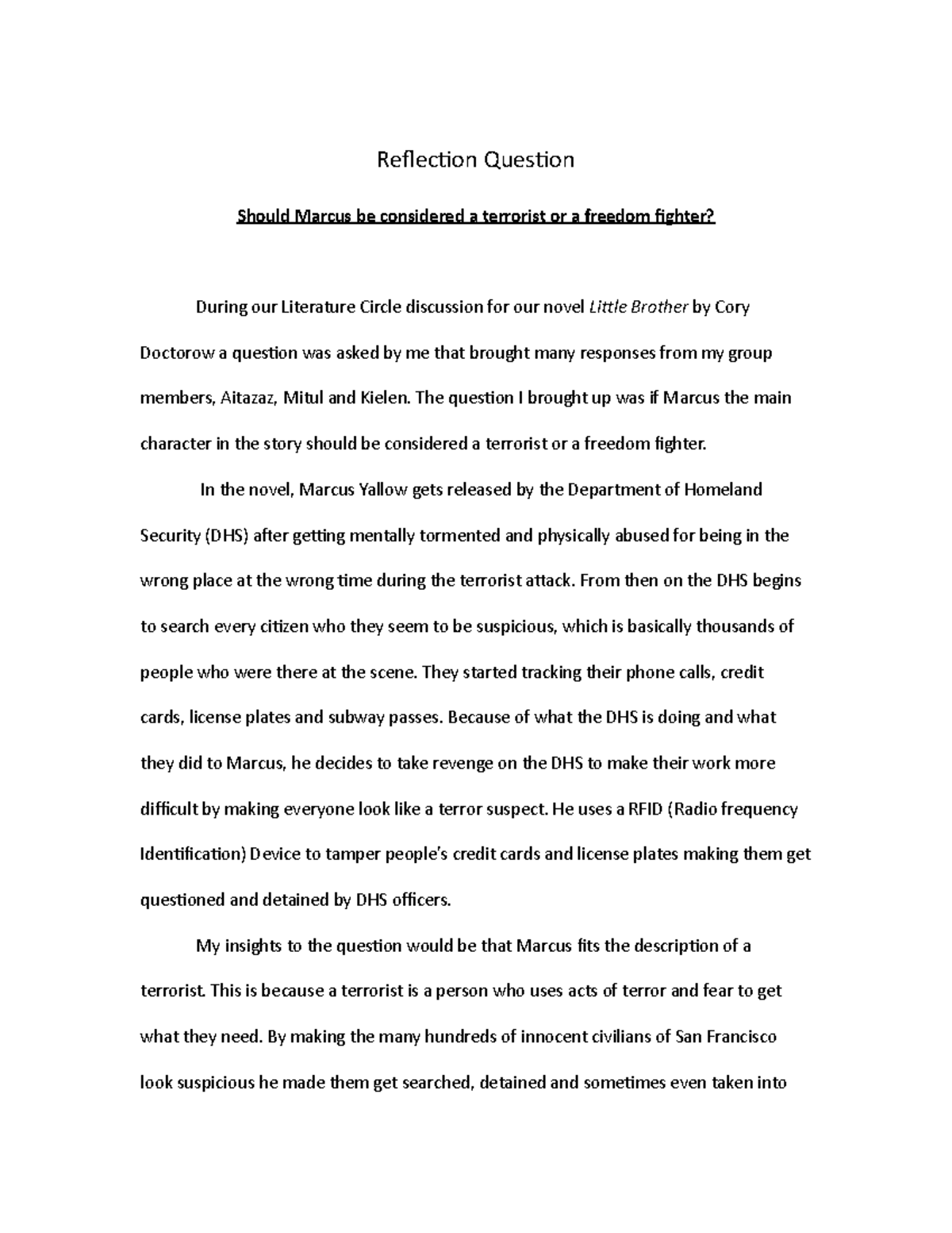 Lit Circle- Reflection Question - Reflection Question Should Marcus be ...