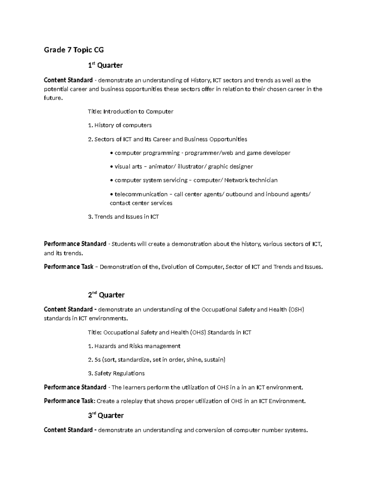 Curriculum Guide Grade 7-10 - Grade 7 Topic CG 1 st Quarter Content ...