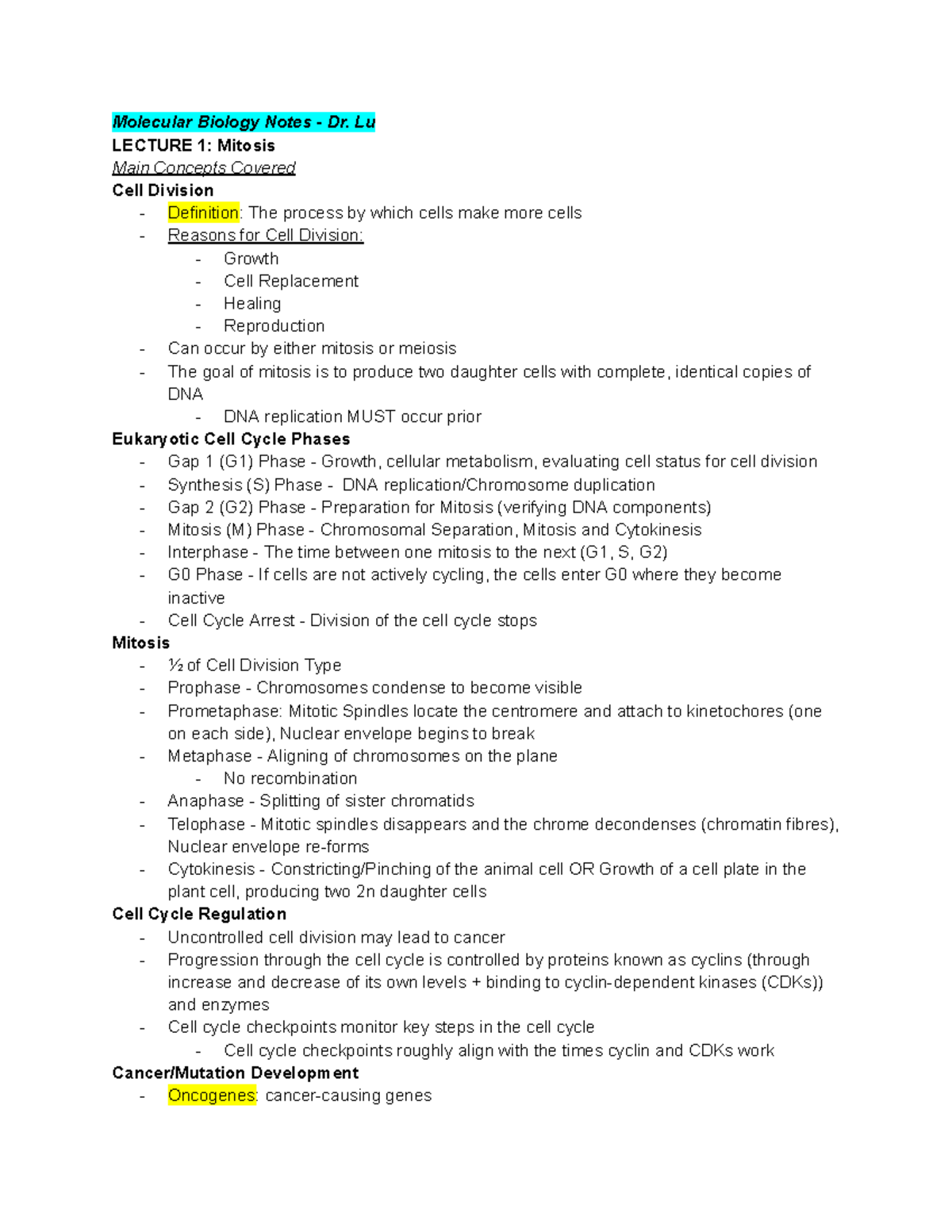 Molecular Biology Review Notes - Molecular Biology Notes - Dr. Lu ...
