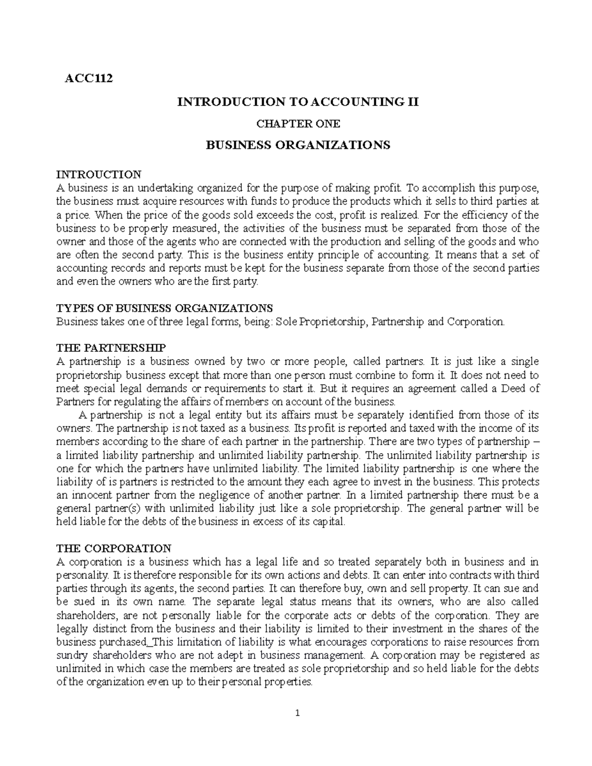 Introduction TO Accounting TWO ACC 112 - ACC INTRODUCTION TO ACCOUNTING ...