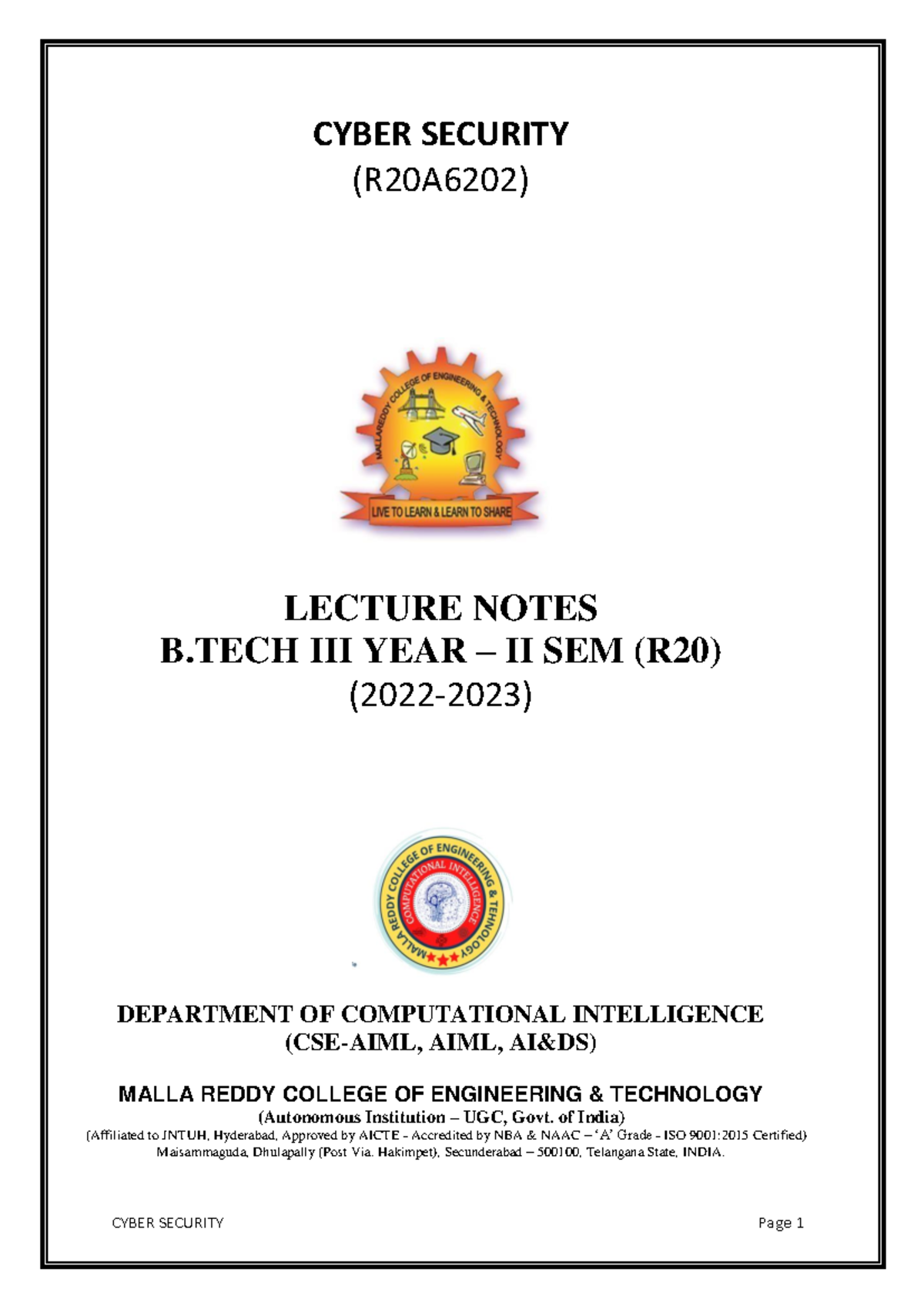 Cyber Security Notes Ok Sir Cyber Security R20a6202 Lecture Notes B Iii Year Ii Sem R20