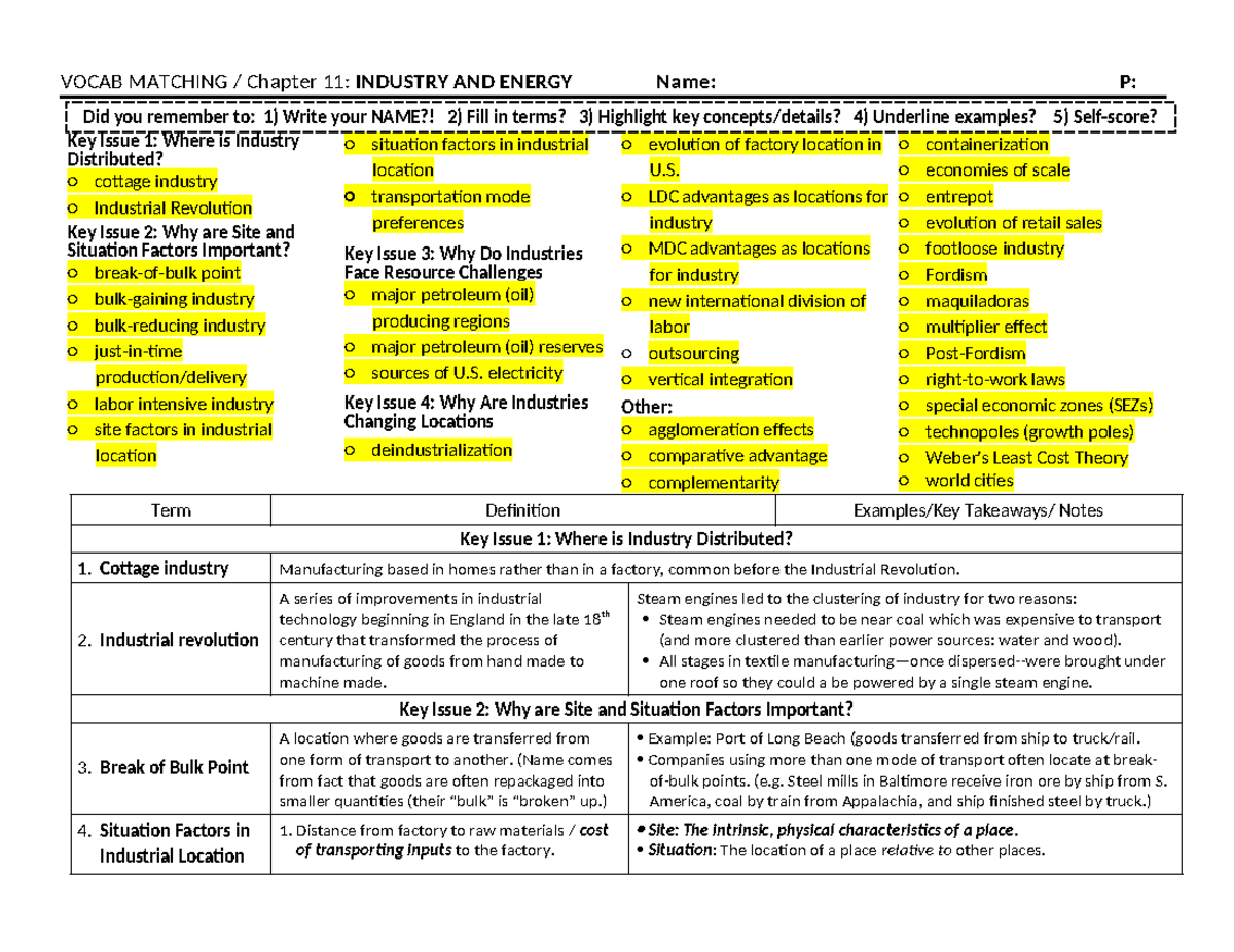 Ch 11 Vocab Matching WS - VOCAB MATCHING / Chapter 11: INDUSTRY AND ...