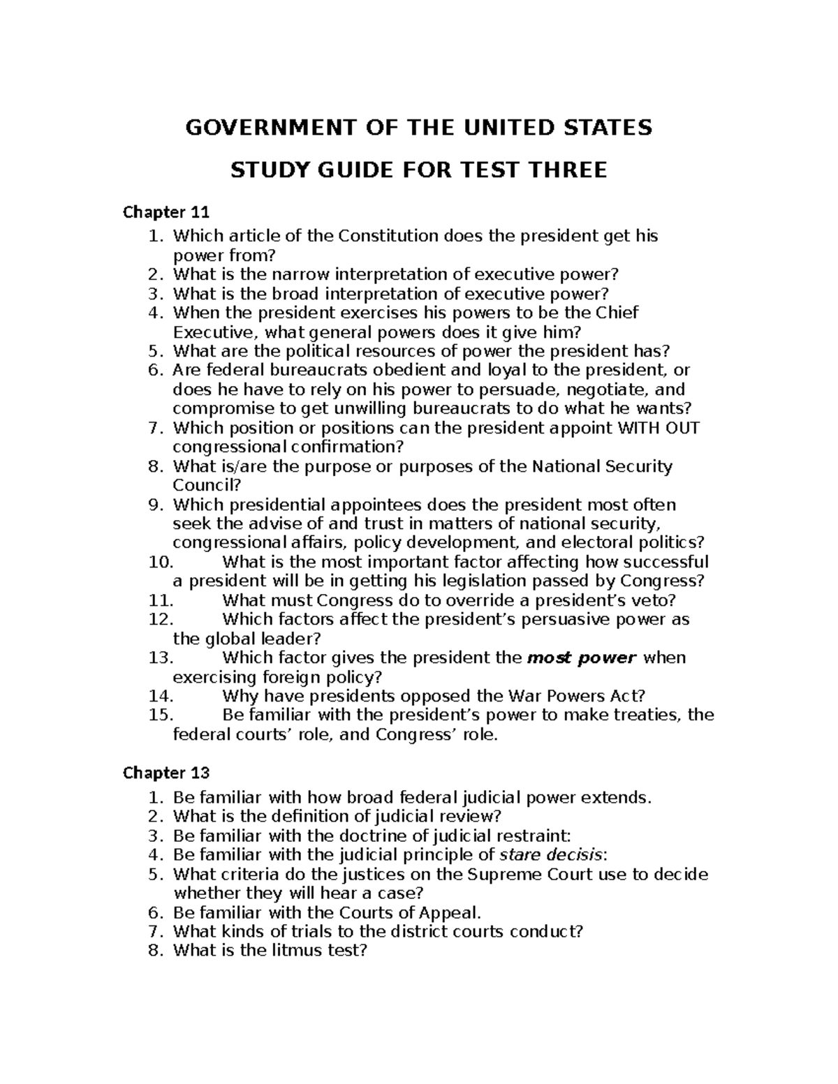 POSC100 - Third Exam Study Guide - GOVERNMENT OF THE UNITED STATES ...