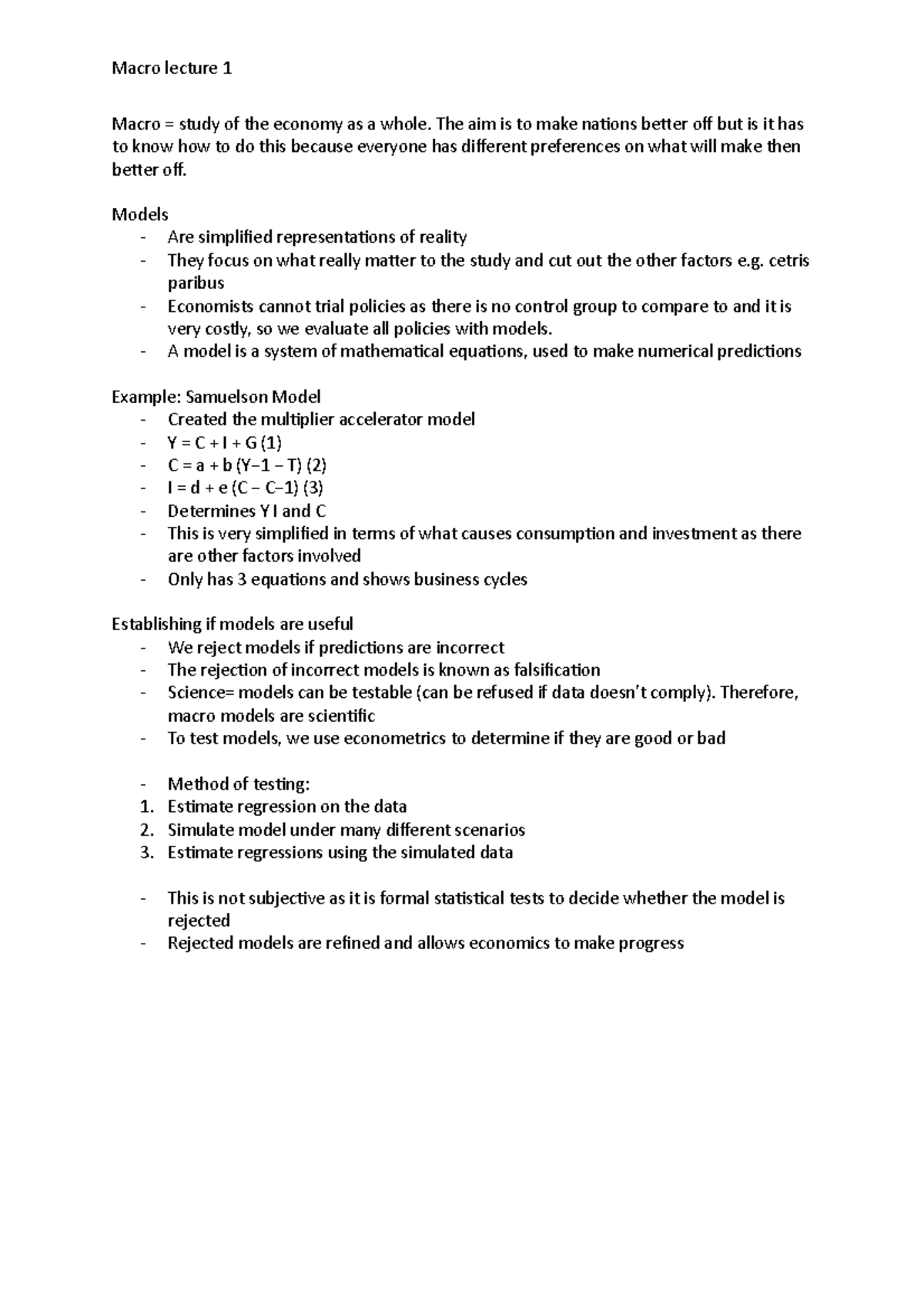 Macro lecture 1 - Models in economics - Macro lecture 1 Macro = study ...
