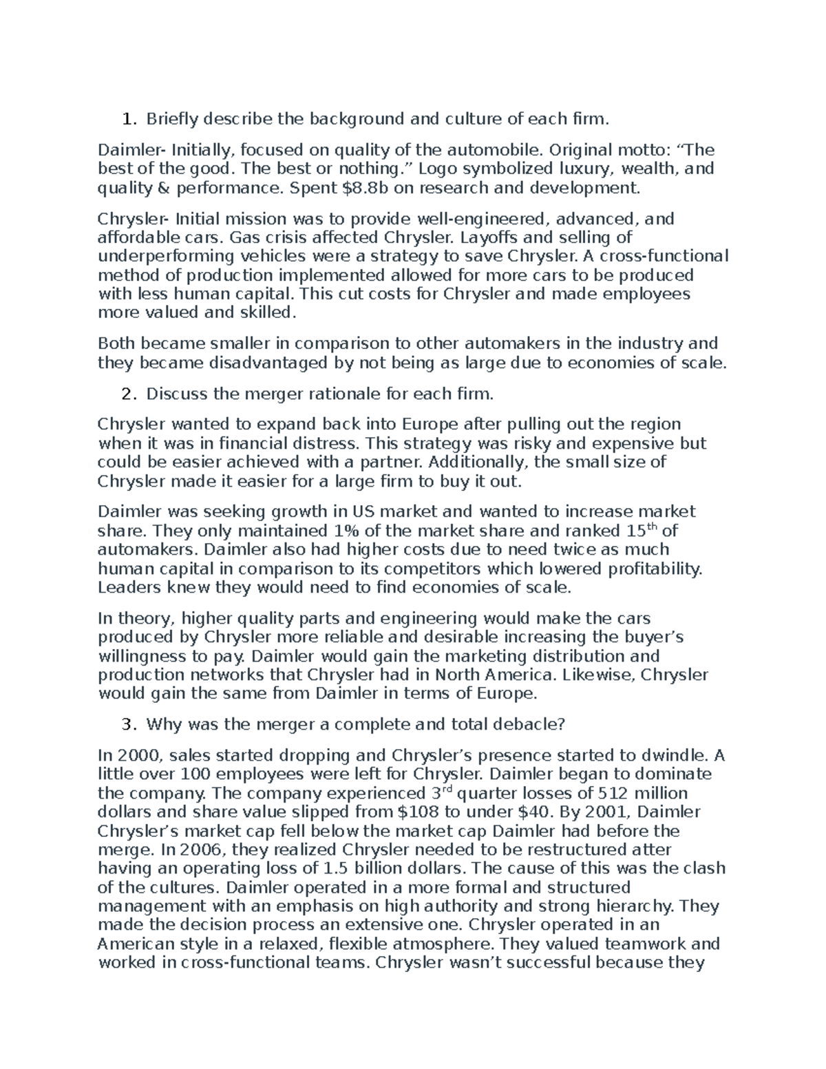 Daimler Chrysler - Questions comparing car manufacturers and strategies ...