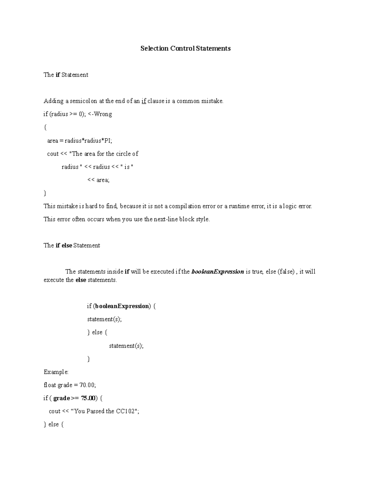 Selection Control Statements - if (radius >= 0);