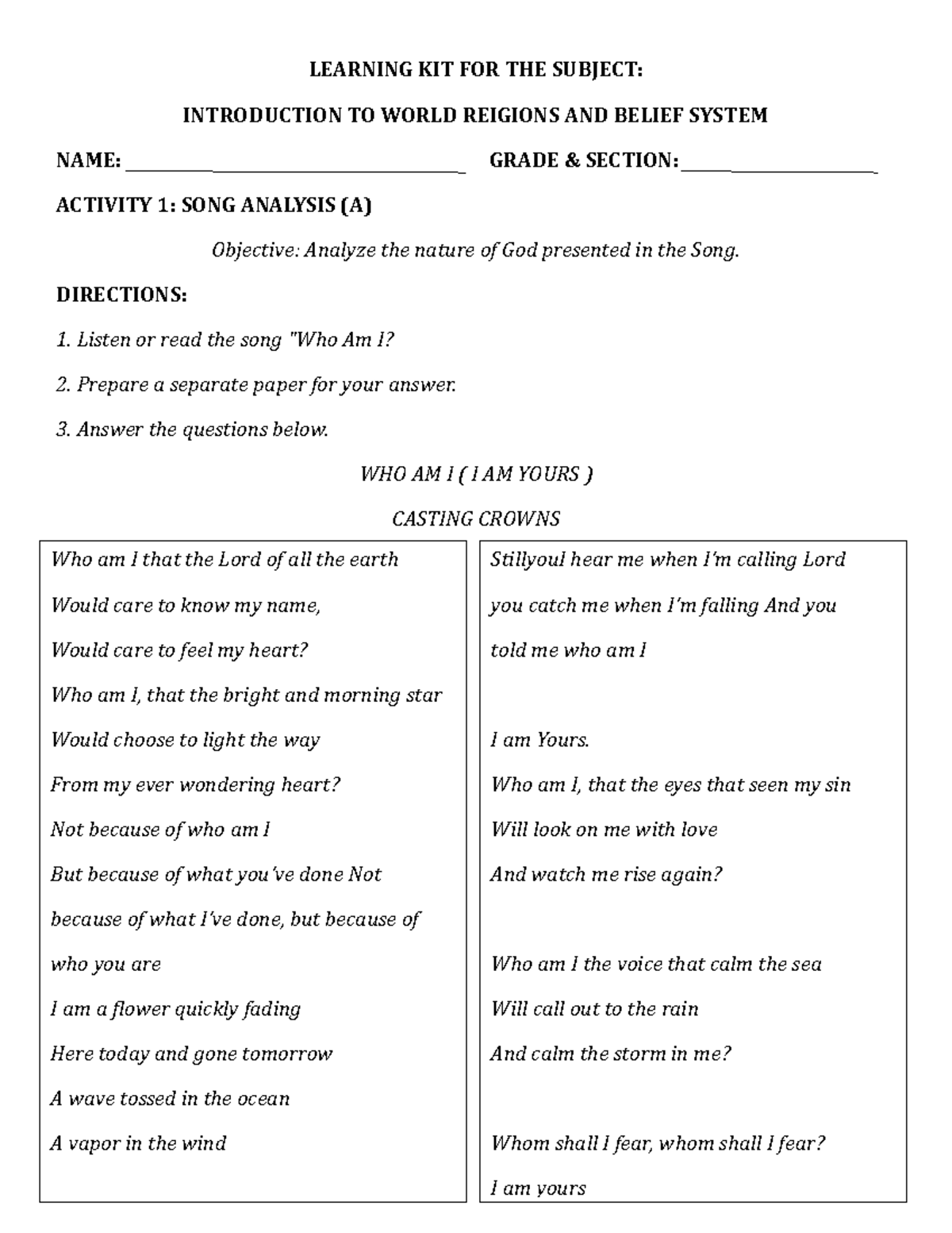 Introduction TO World Religions AND Belief System Quarter 3 - Business ...