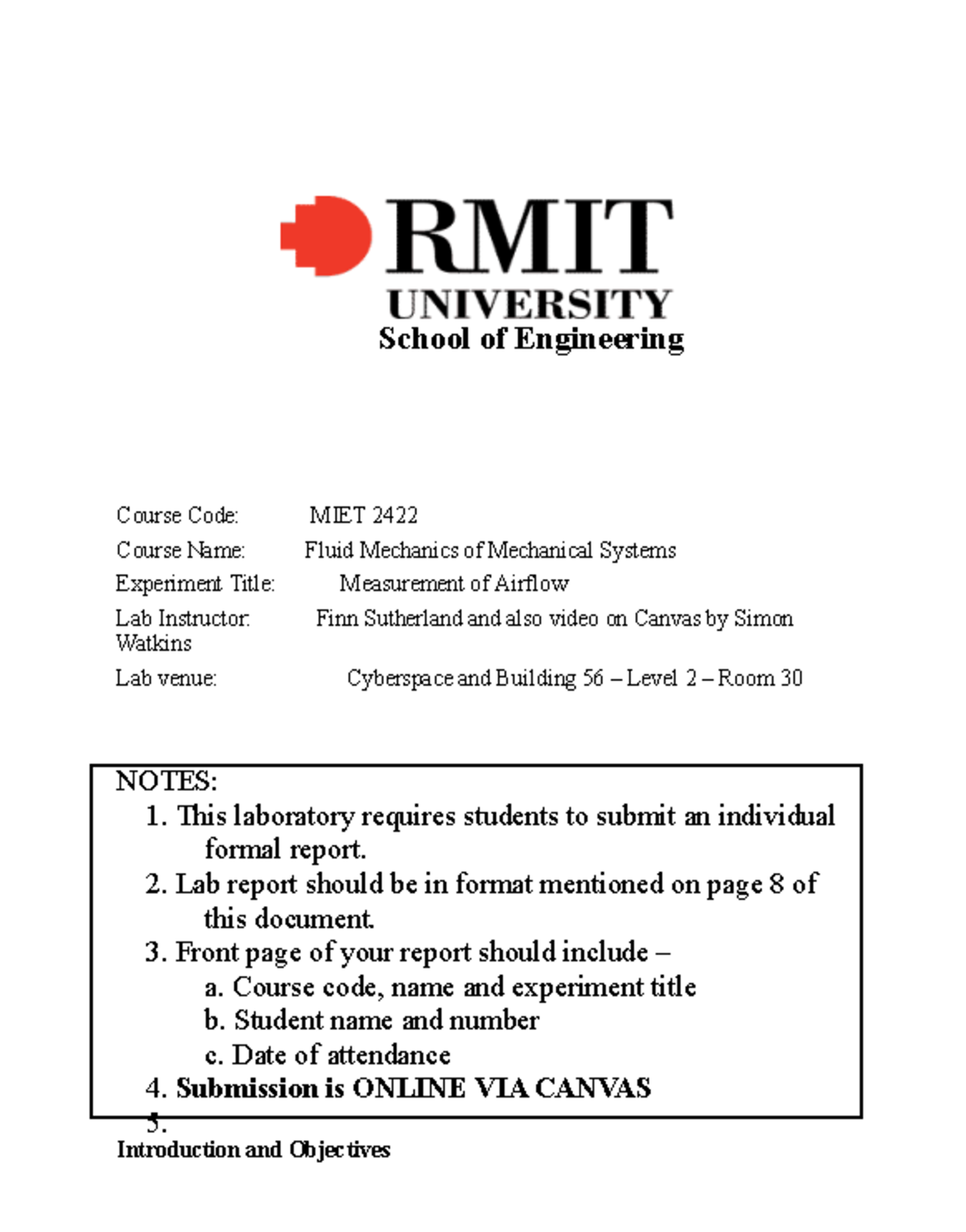 Measurementof Airflow Laboratory 2023S1 - School of Engineering Course ...