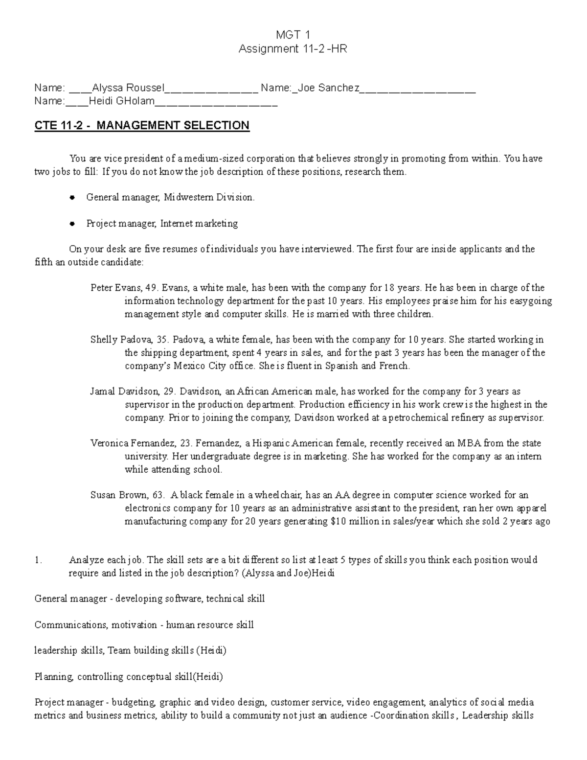 11-2 Assignment - Homework - MGT 1 Assignment 11-2 -HR Name: Alyssa Roussel____________ Name:Joe ...