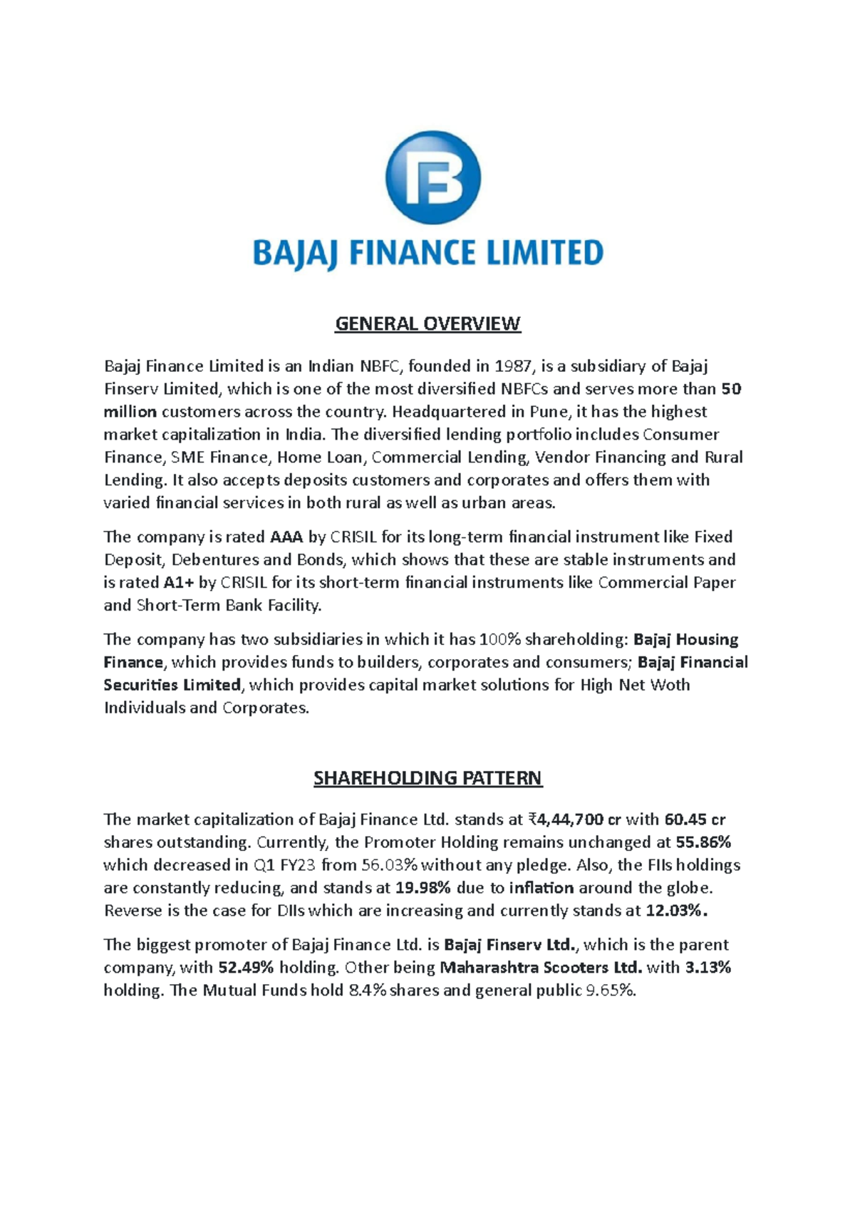 Bajaj Finance - The document is analysis of the company which was ...