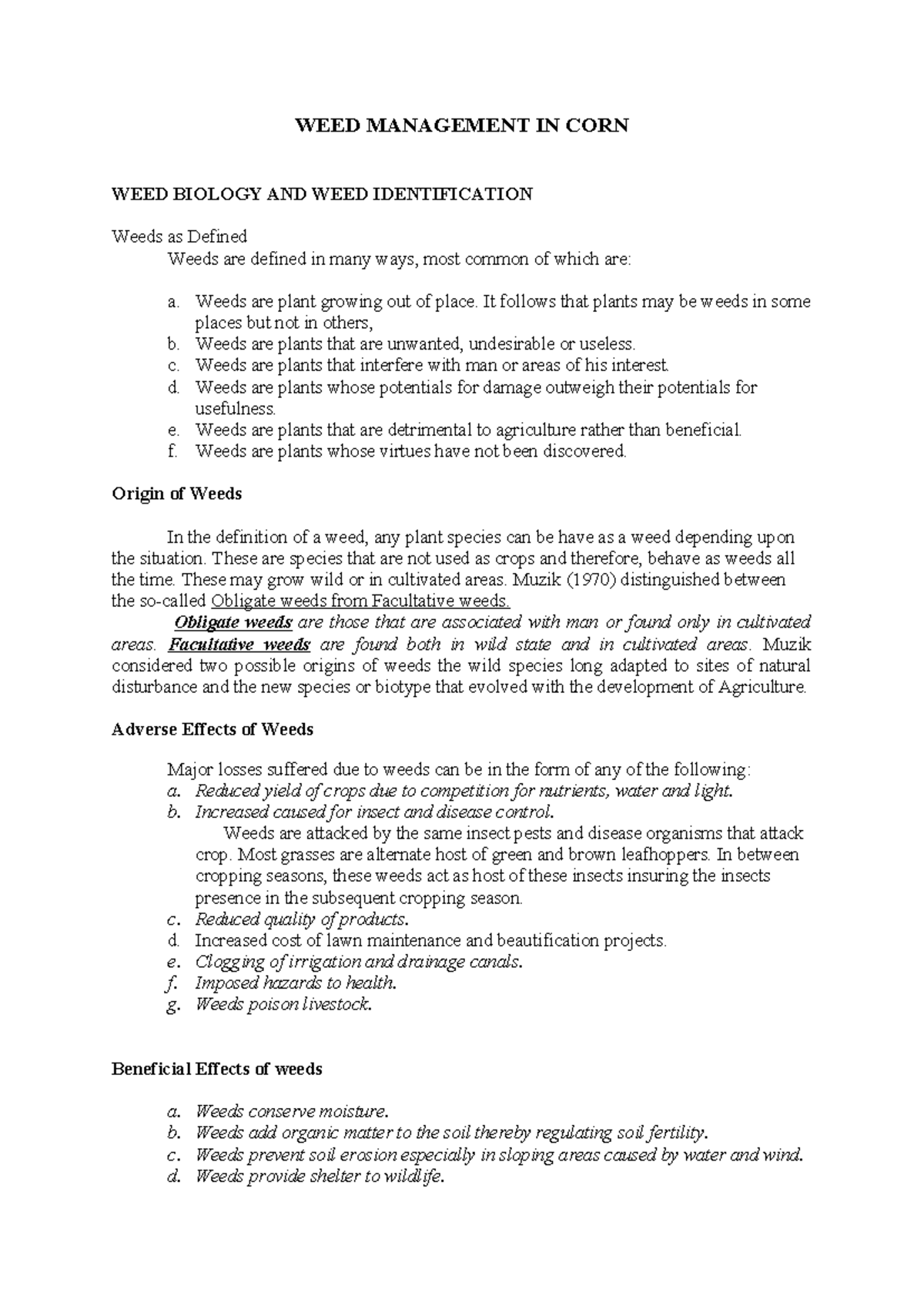 Weeds,etc - notes - WEED MANAGEMENT IN CORN WEED BIOLOGY AND WEED ...