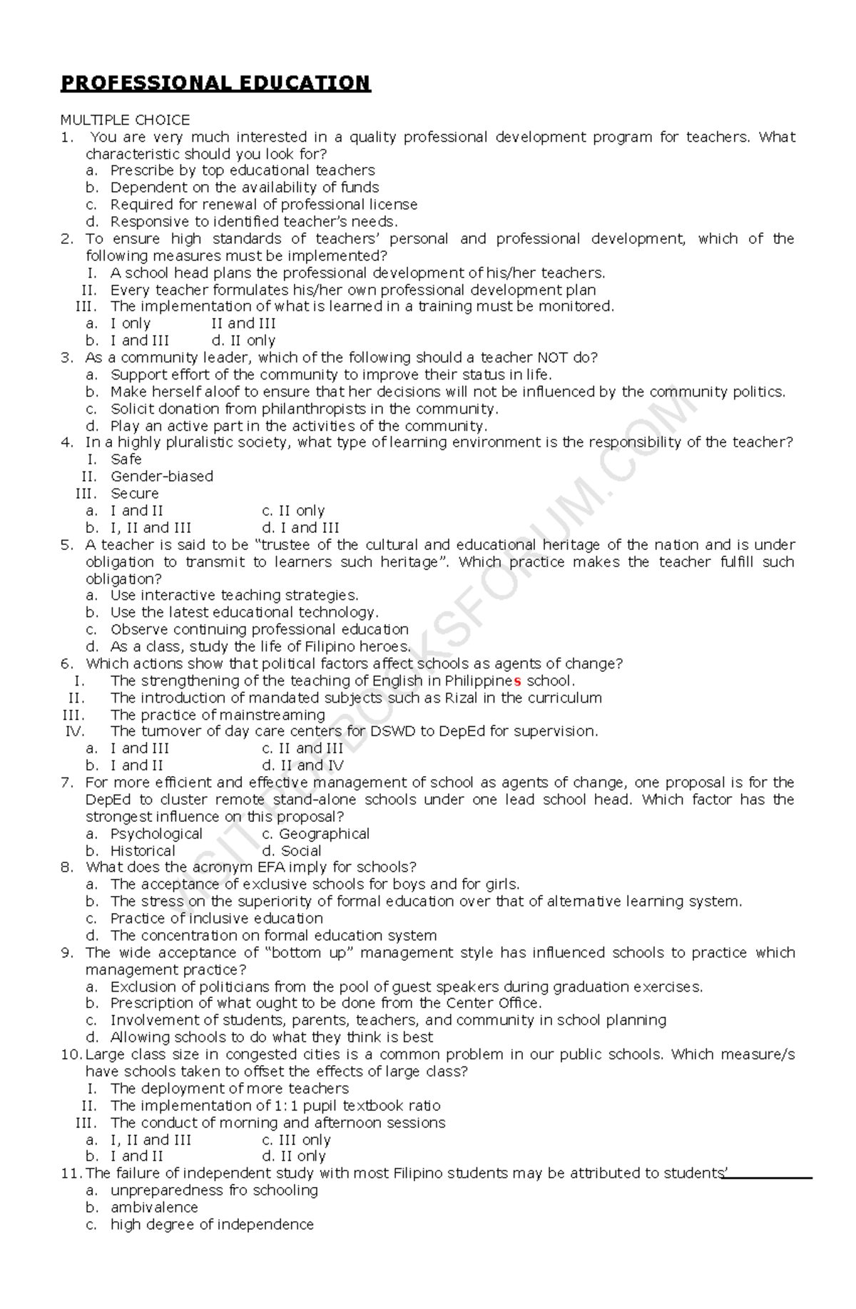 Profed 16 ans - BS Education - PROFESSIONAL EDUCATION MULTIPLE CHOICE ...