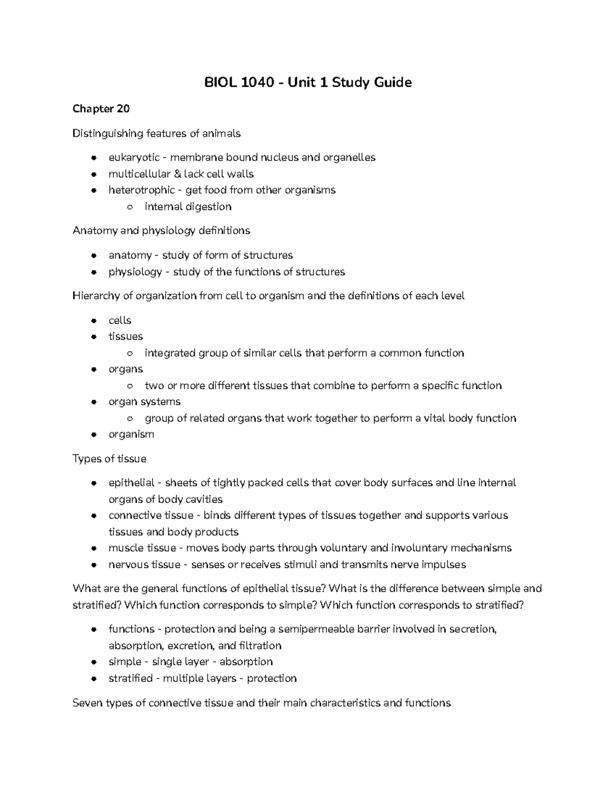 Unit 1 study guide - BIOL 1040 - Unit 1 Study Guide Chapter 20 ...