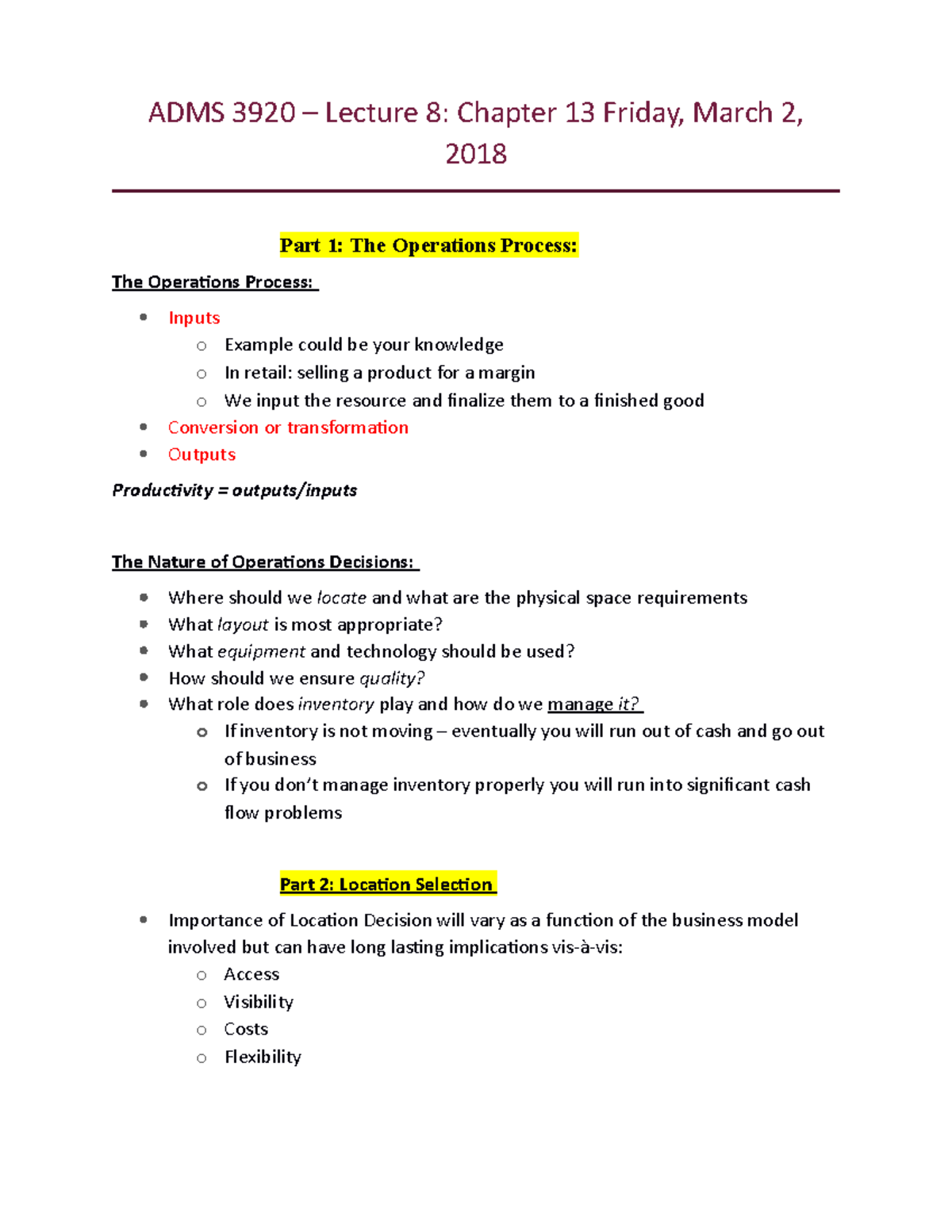 ADMS 3920 – Lecture 8 - John kerr - detailed notes that assist with ...