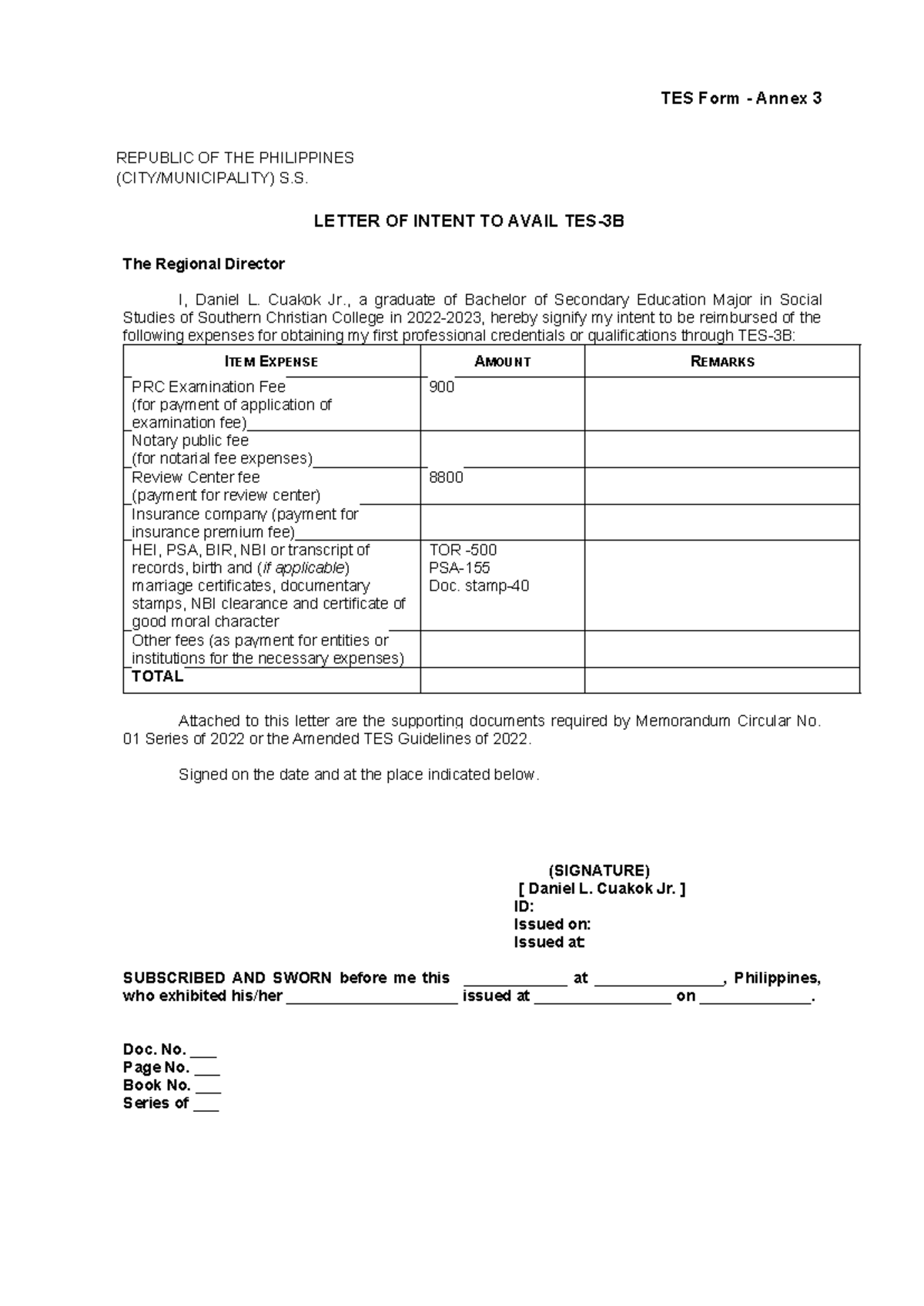 Annex-3-Letter-of-Availment-for-TES-3B updated-1 - TES Form - Annex 3 ...