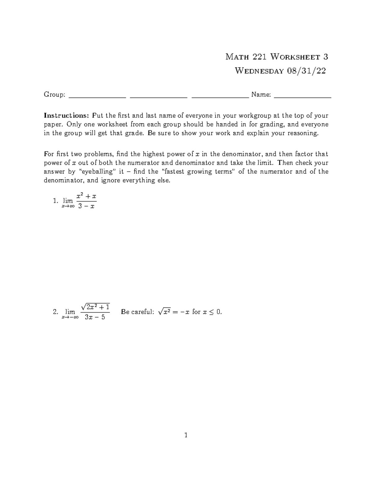 WS03 083122 - Limits Laws, Continuity, IVT - Math 221 Worksheet 3 ...