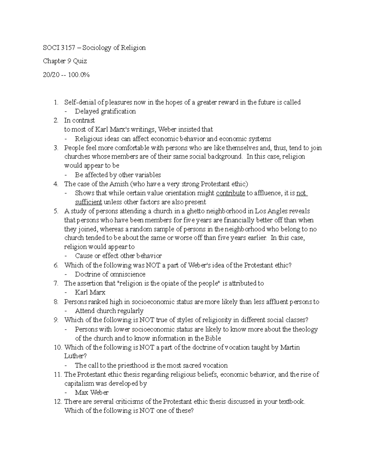 Sociology of Religion Chapter 9 Quiz - SOCI 3157 – Sociology of ...
