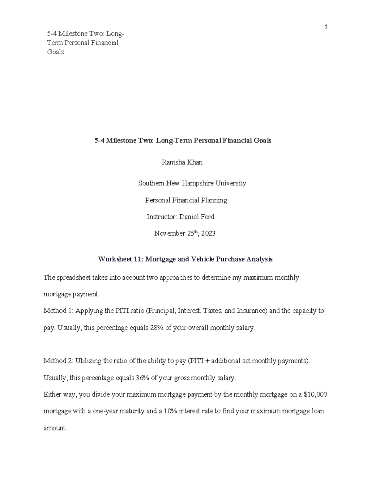 5-4 Milestone Two Long-Term Personal Financial Goals - 5-4 Milestone ...
