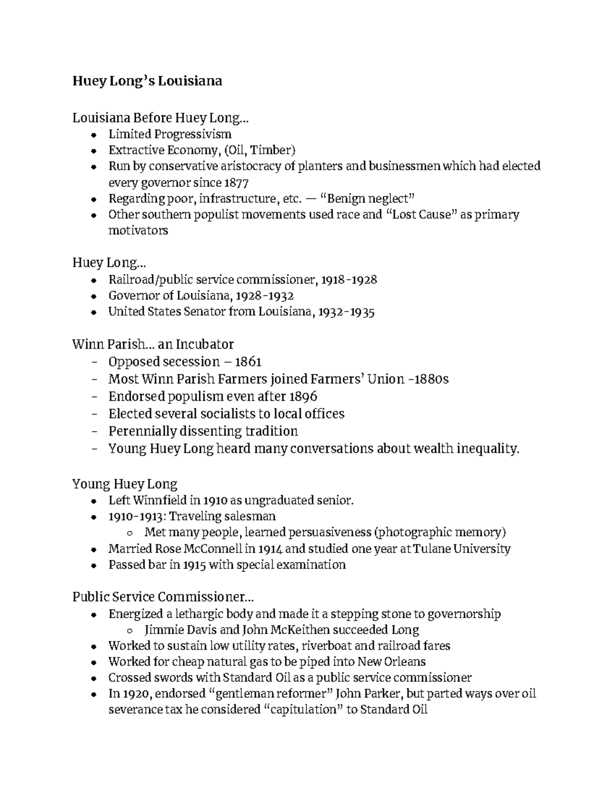 Week 11 Notes (HIST 3071) - Huey Long’s Louisiana Louisiana Before Huey ...