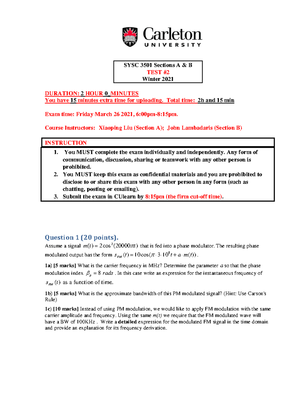 SYSC3501-w21-Test2 - SYSC 3501 Sections A & B TEST # Winter 2021 ...