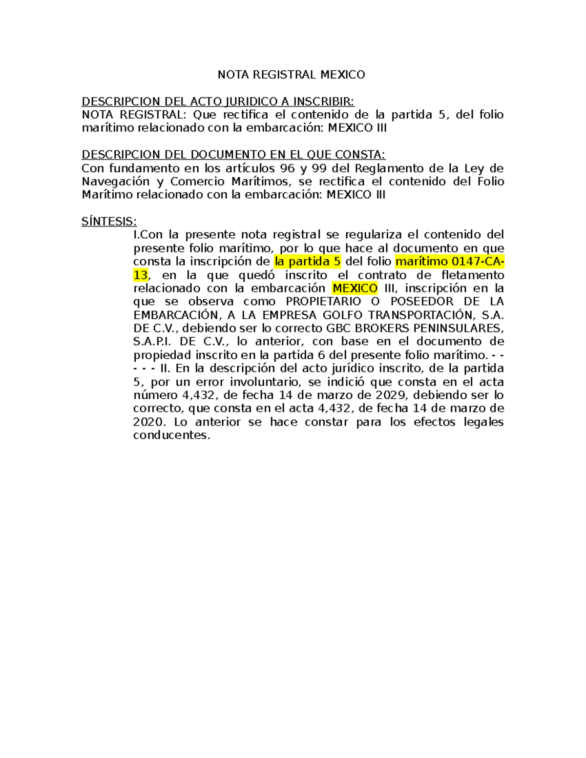 NOTA Registral Mexico III - NOTA REGISTRAL MEXICO DESCRIPCION DEL ACTO ...