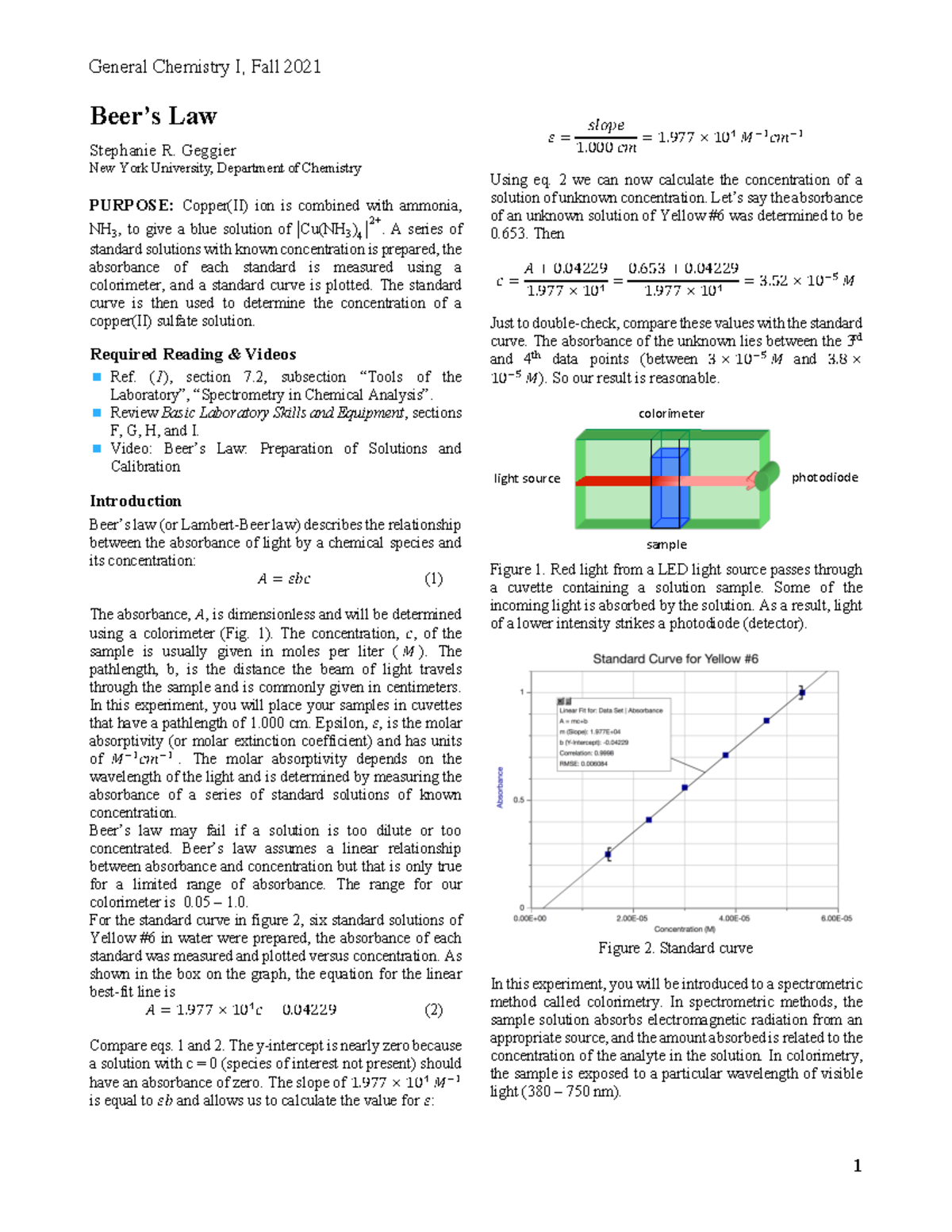 Beer's Law F21 - Copy - lab - Beer’s Law Stephanie R. Geggier New York ...