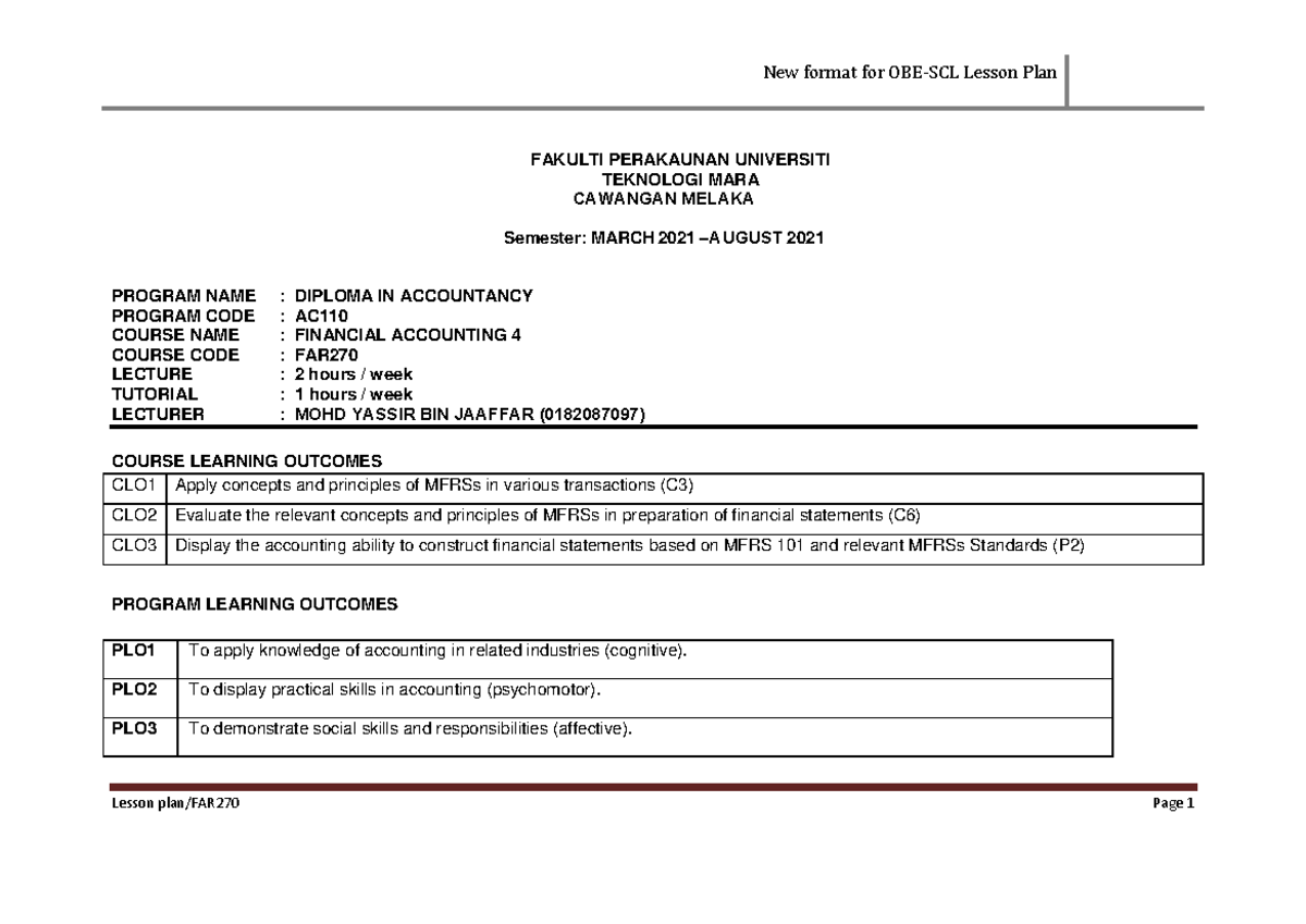 FAR270 Lesson PLAN MAC2021- Students' COPY - FAKULTI PERAKAUNAN ...