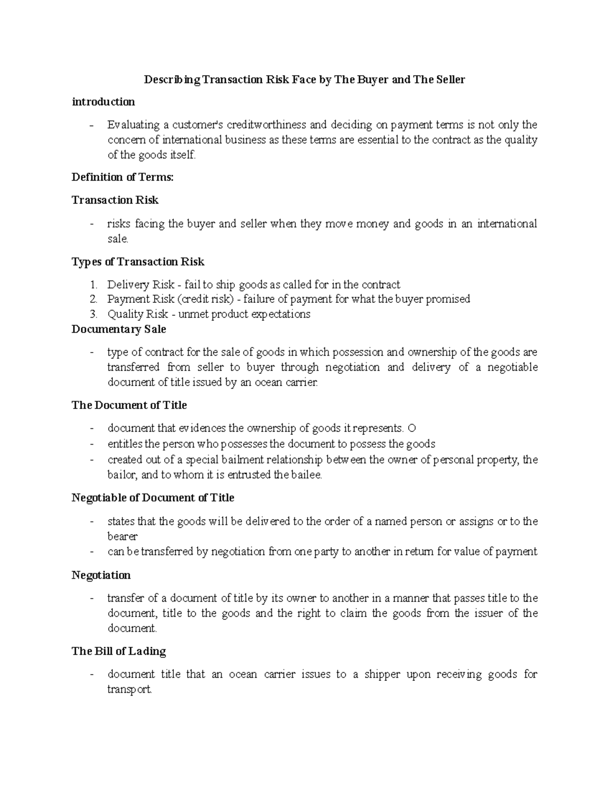 Describing Transaction Risk Face by The Buyer and The Seller ...