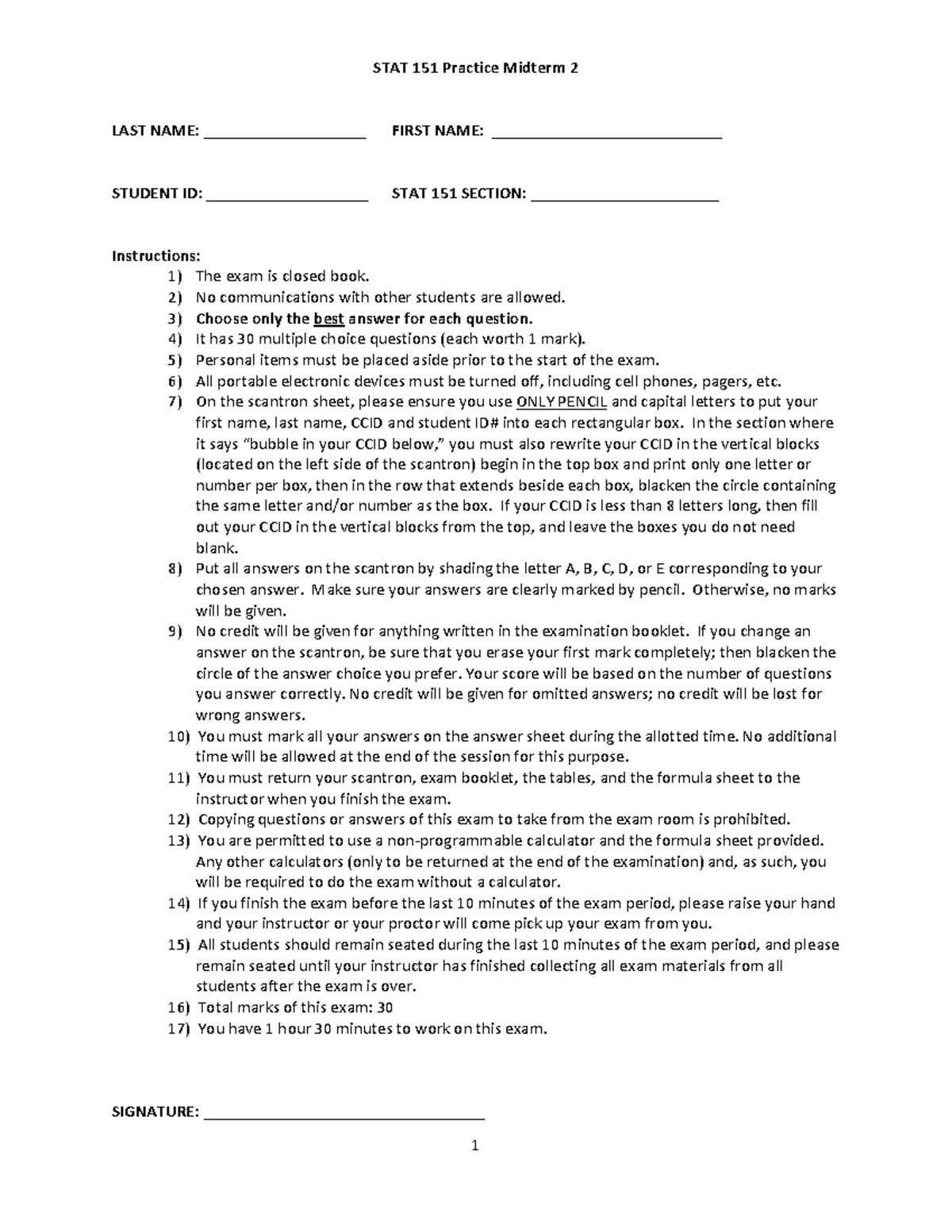 Practice Midterm 2 - Final Draft - LAST NAME: ___________________ FIRST NAME: - Studocu