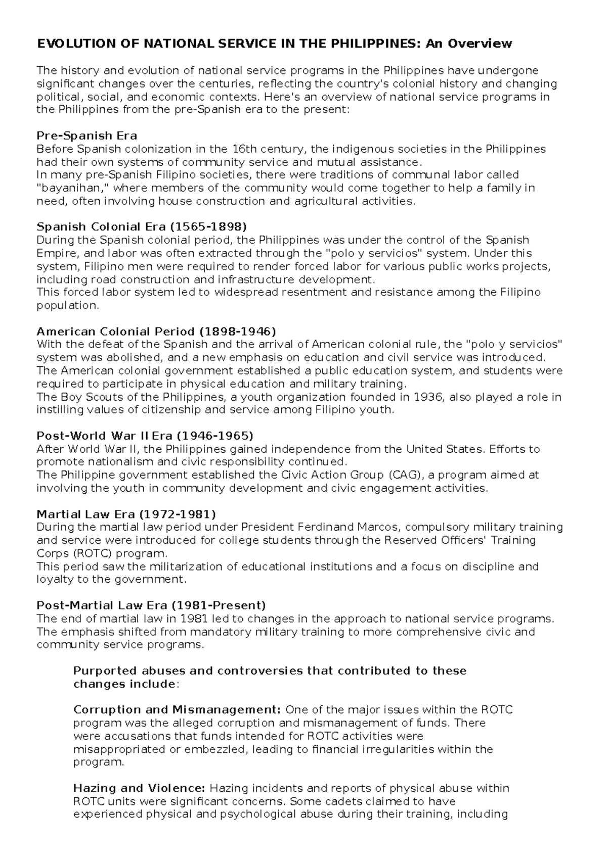 Evolution OF National Service IN THE Philippines - EVOLUTION OF ...