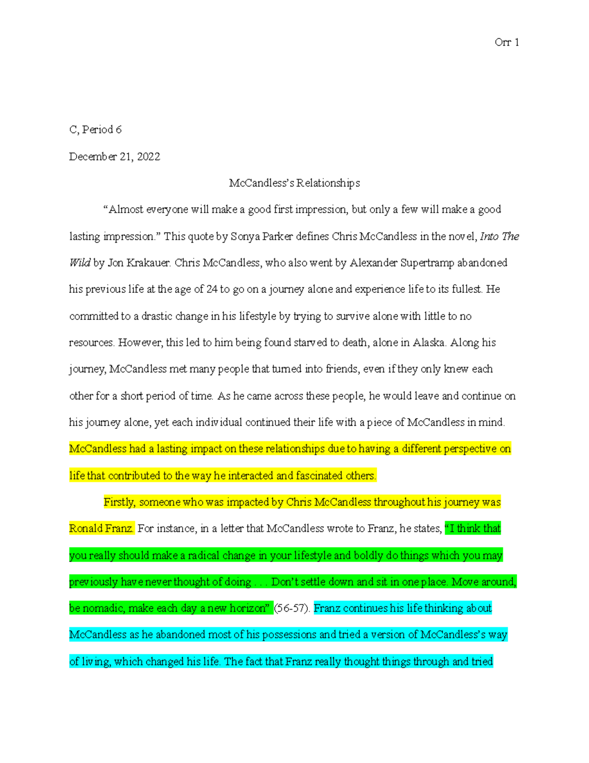- Into the Wild Reflective Essay - C, Period 6 December 21, 2022 ...