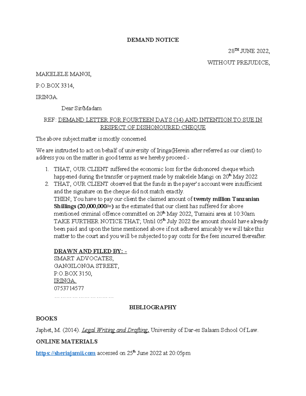 Demand Notice - Copy - Summary Bachelor of law - DEMAND NOTICE 28 TH ...
