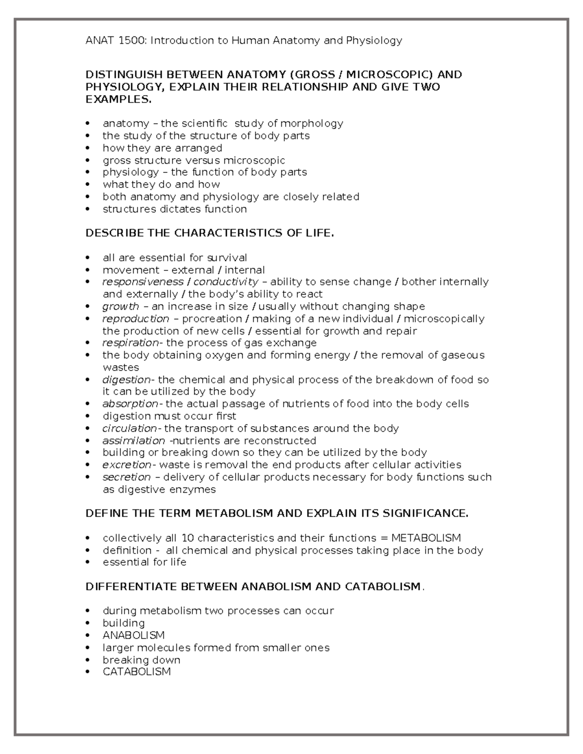 Intro to AP Notes - DISTINGUISH BETWEEN ANATOMY (GROSS / MICROSCOPIC ...