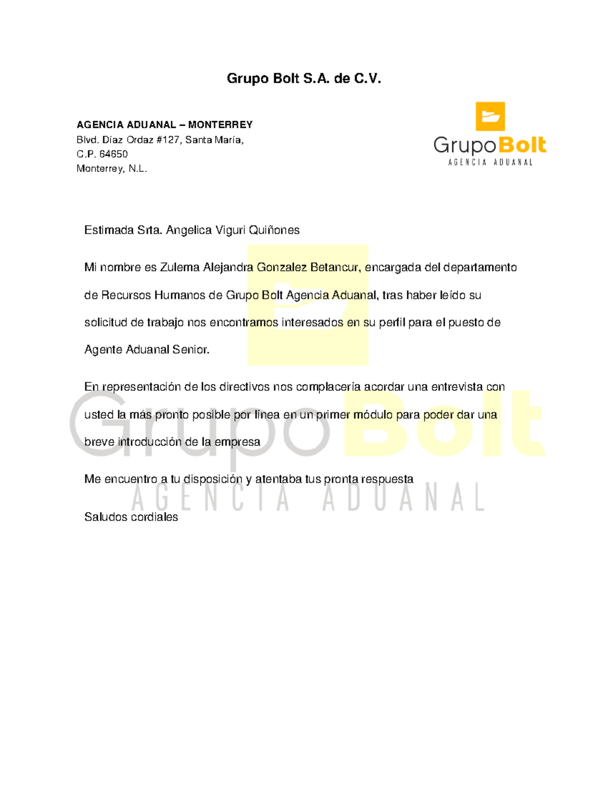 Carta Propuesta Laboral - Grupo Bolt S. de C. Estimada Srta. Angelica ...