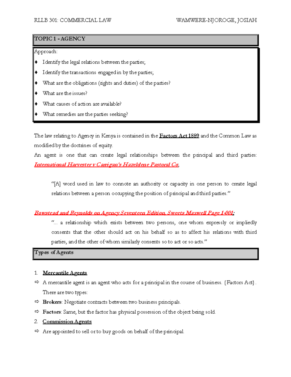 Commercial Law Combined - TOPIC 1 - AGENCY Approach: Identify the legal ...