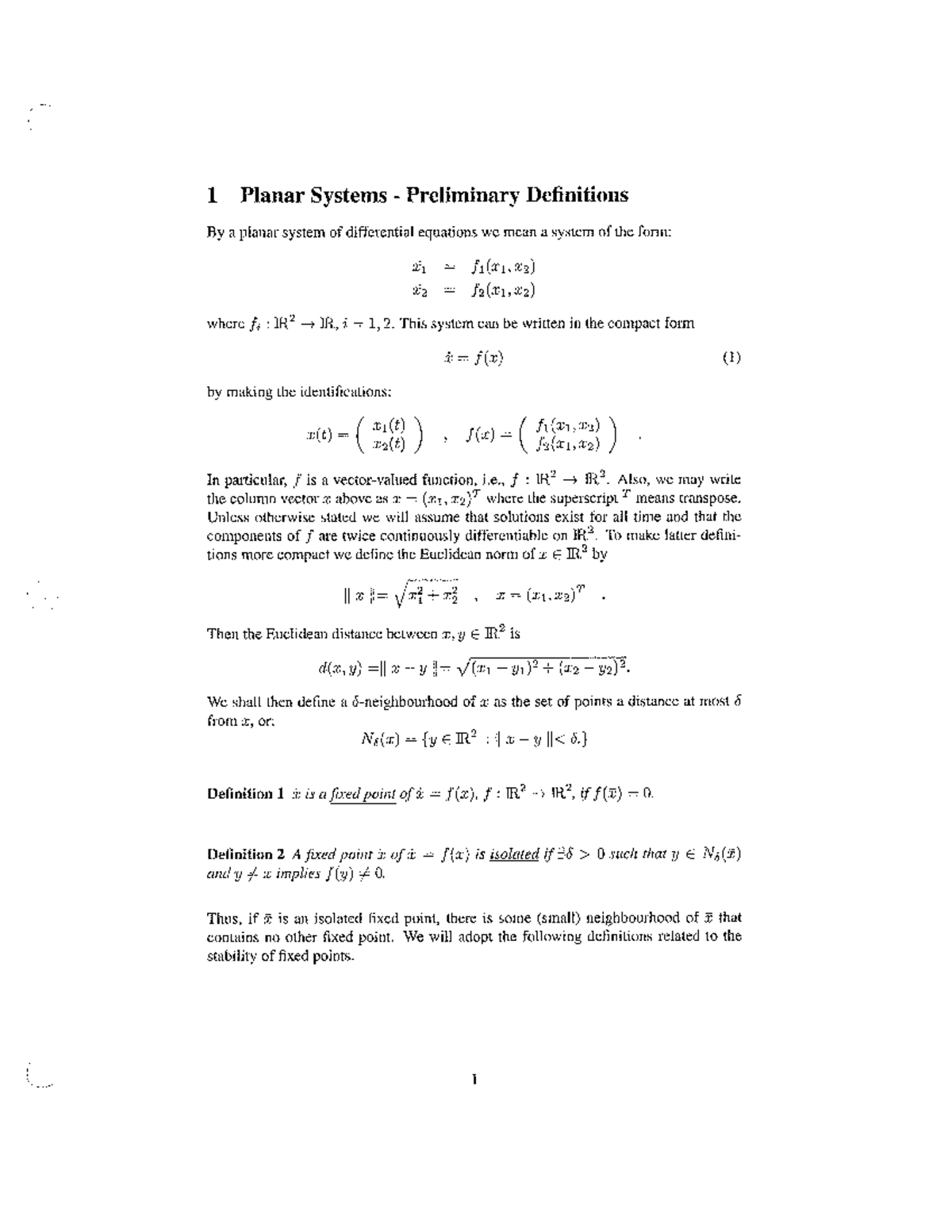 Math455 2016 2017 Lecture Notes 9 Planar System Notation Fixed Point