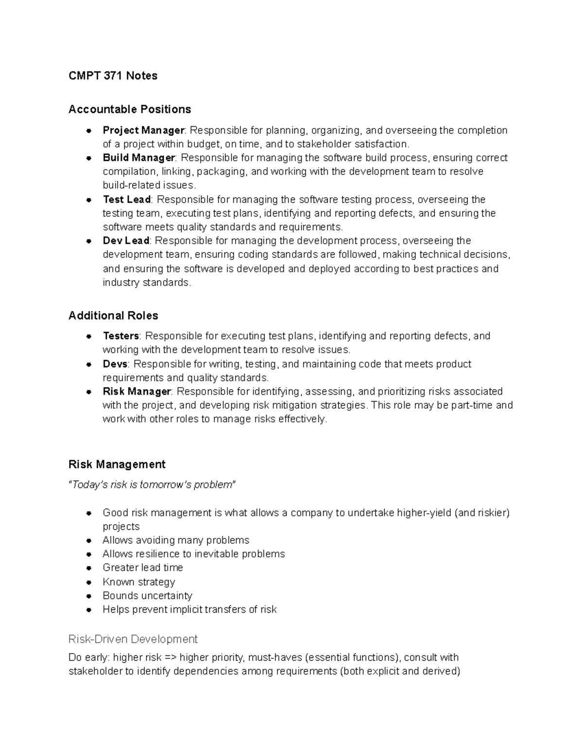 371 Notes - CMPT 371 Notes Accountable Positions Project Manager ...