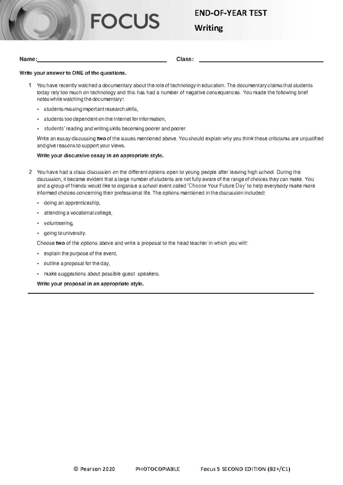 Focus 5 2E End of Year Test Writing - © Pearson 2020 PHOTOCOPIABLE ...