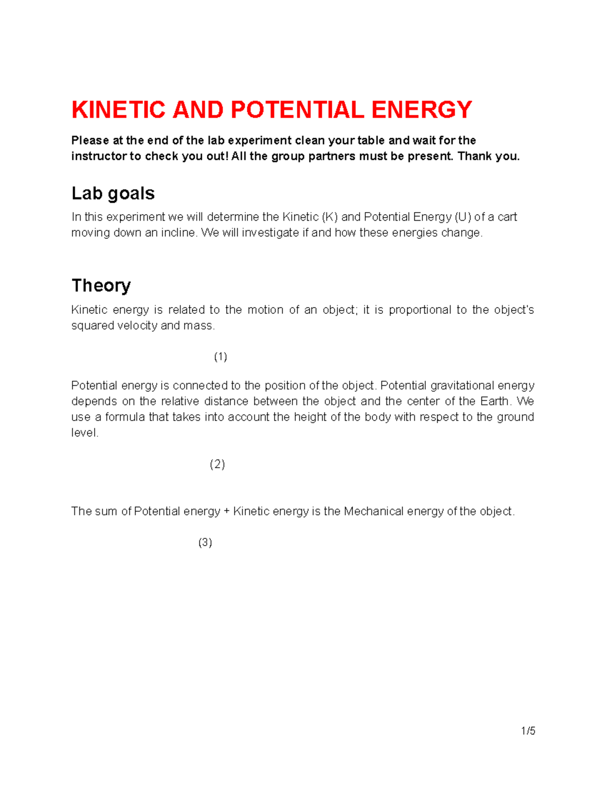 Kinetic and Potential energy PHY 241-1 - KINETIC AND POTENTIAL ENERGY ...