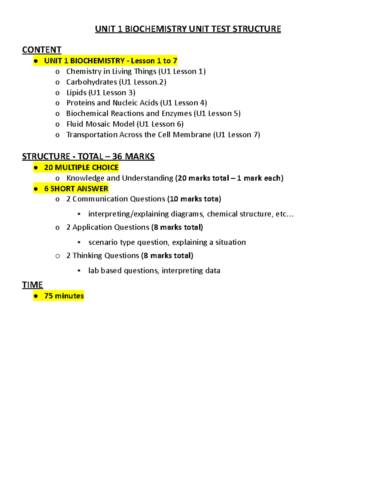 Biochemistry Unit 1 Test Outline - UNIT 1 BIOCHEMISTRY UNIT TEST ...
